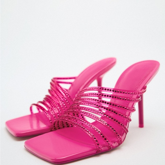 Zara | Shoes | New Zara Rhinestone Vinyl High Heel Neon Pink Sandals ...